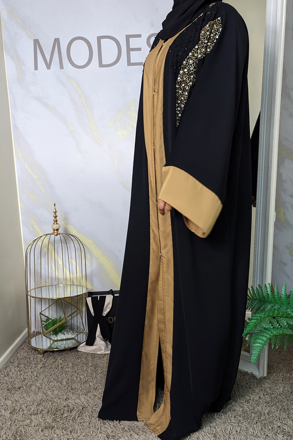 Black Abaya with Gold Contrast and Black Beadwork – Modest Rail